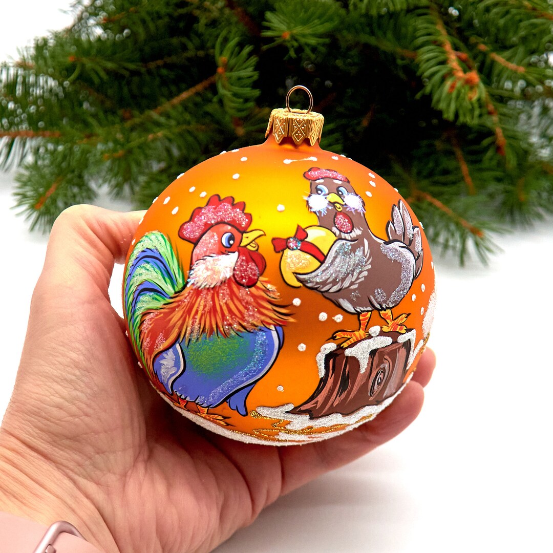 Rooster and Hen Ornament, Round Glass Animal X-mass Glass Decoration - Etsy