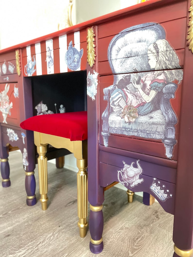 Hand-painted Alice in Wonderland Vanity Table Set: Repurposed Whimsical ...