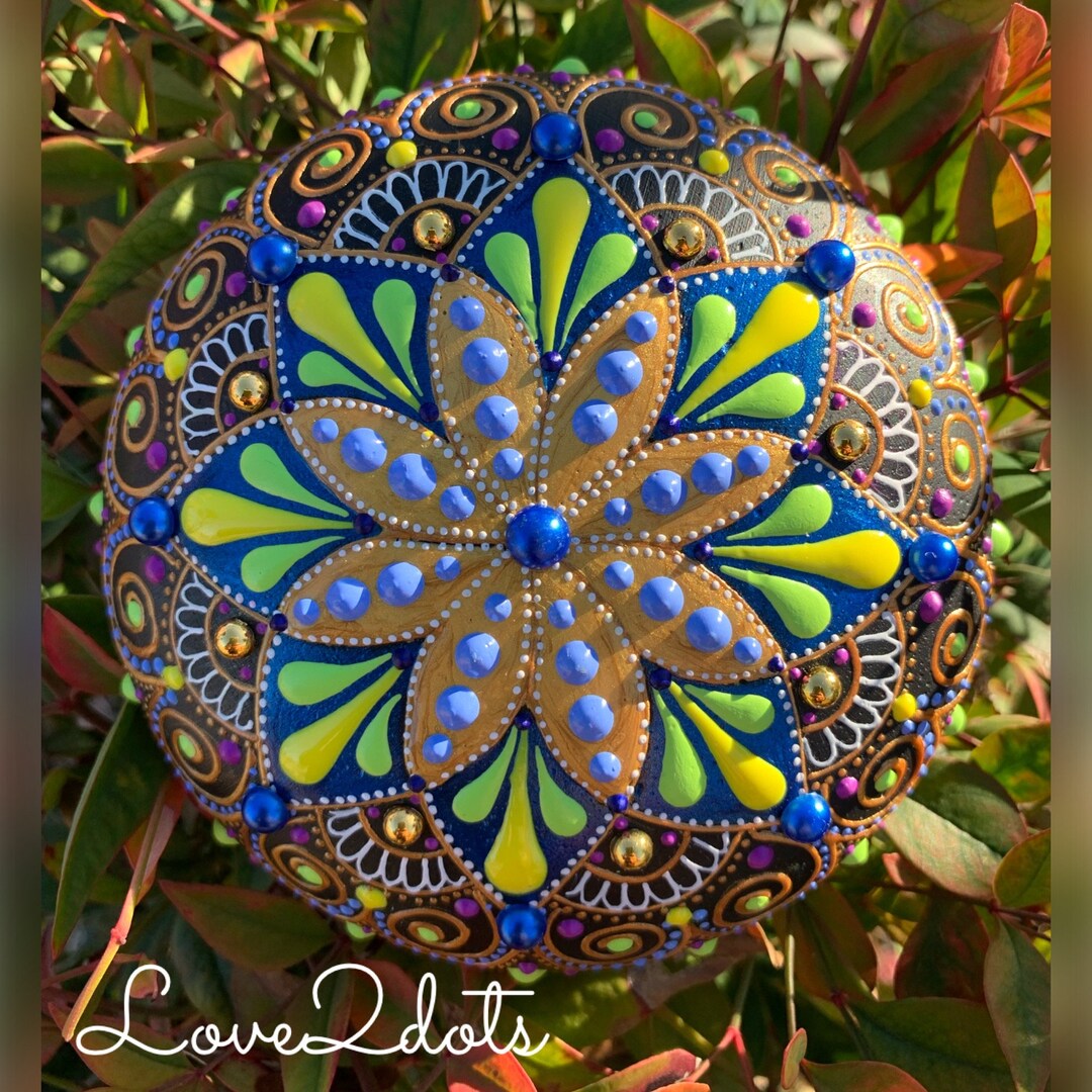 Happy Flower Mandala Stone, Mixed-media Handprinted Mandala Rock, Home ...