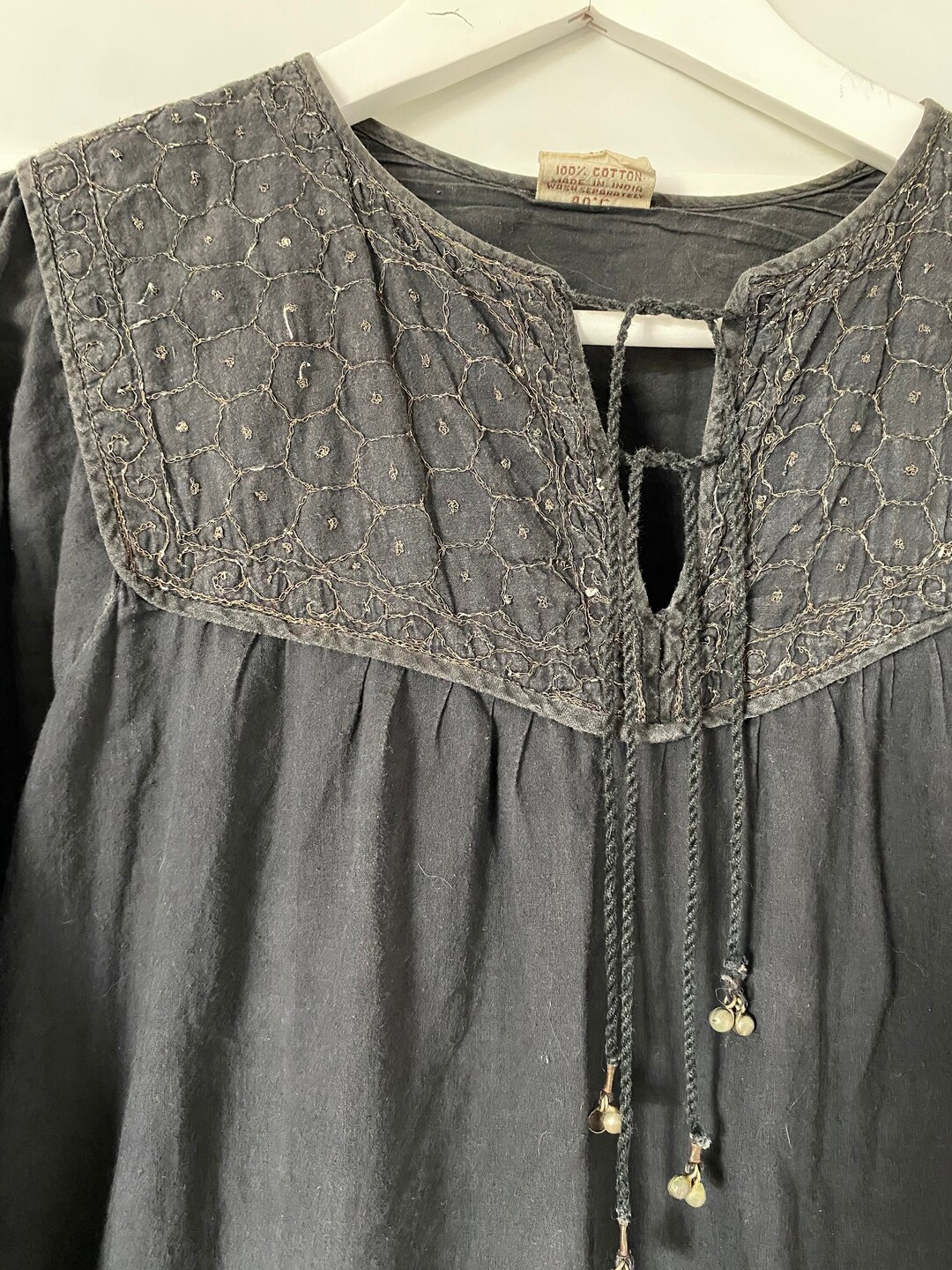Beautiful Vintage 1970s Dark Grey Hippie Indian Embroidered Cotton ...