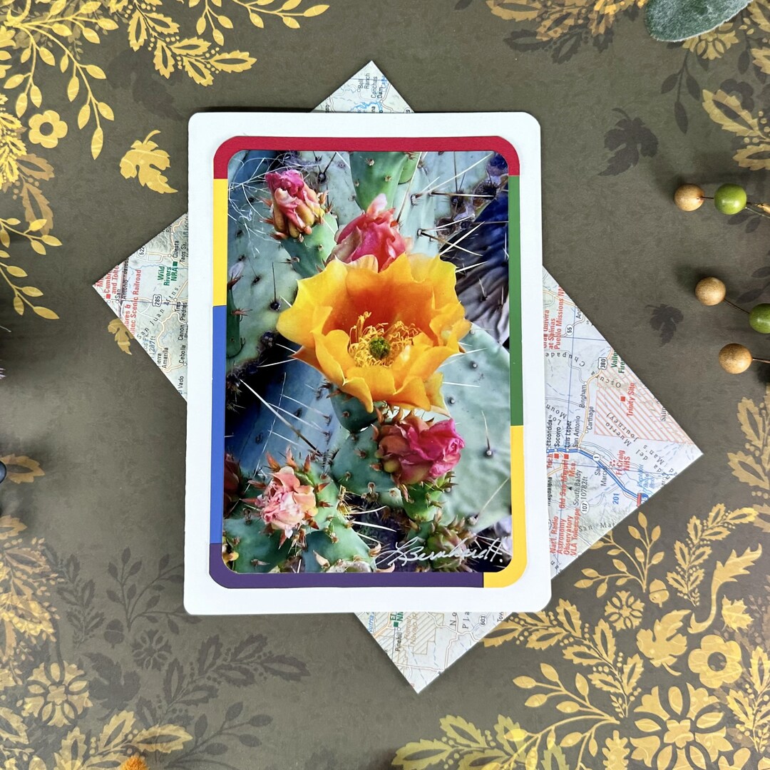 Blooming Prickly Pear Cactus Photo Greeting Card, Up-cycled Map Paper ...