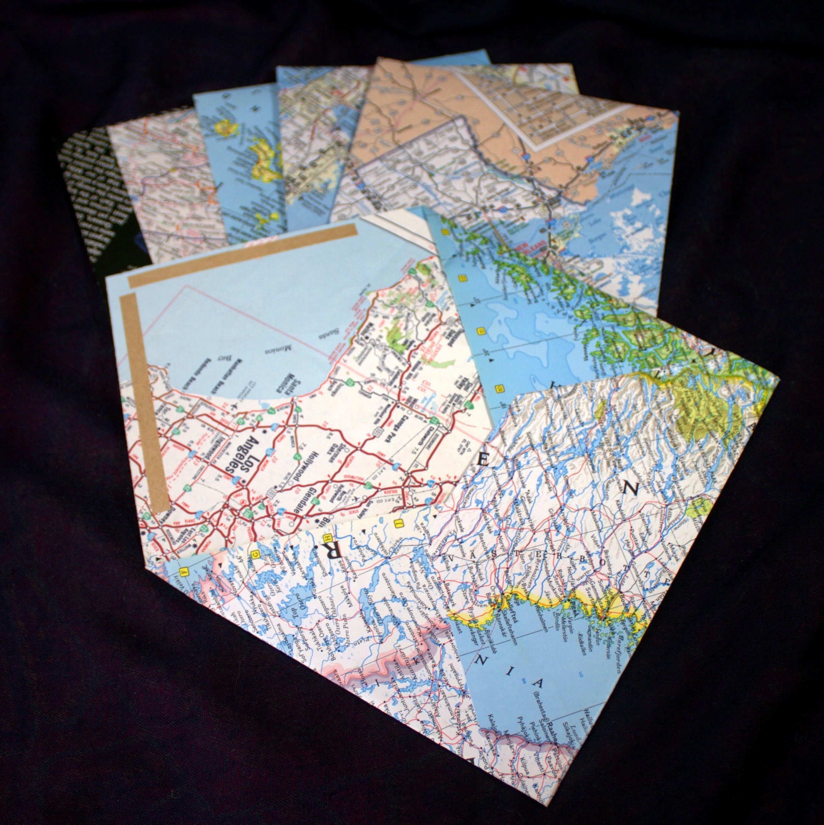 Recycled Map Paper Envelopes, Lined Handmade Stationary, 5"x7", Set of ...