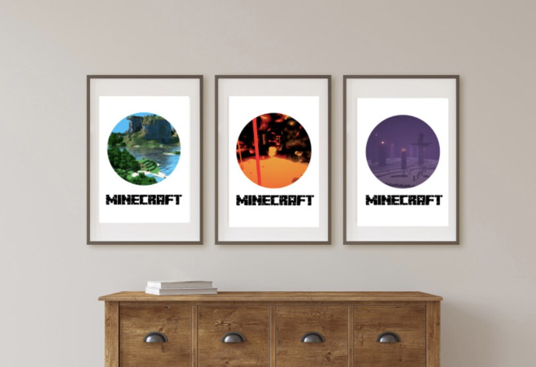Set of 3 Mine Craft Stylised Gaming Wall Art | Overworld Nether and End ...