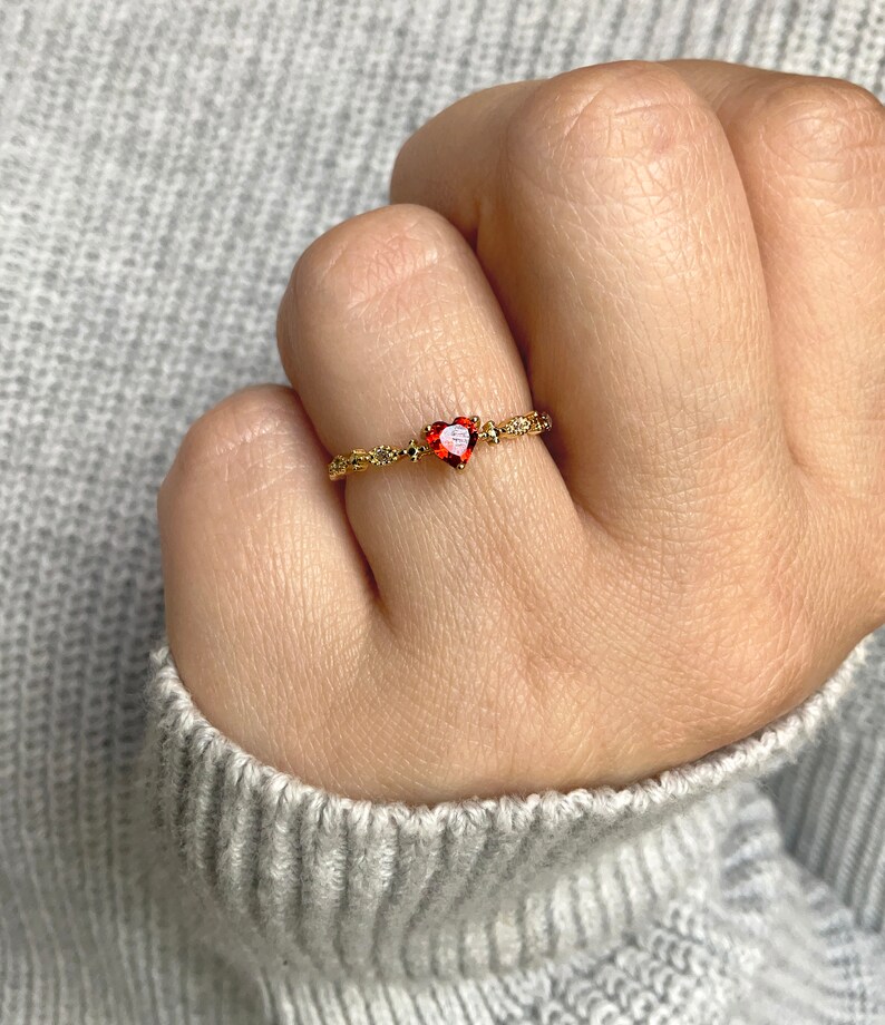 Red CZ Heart Ring Rose Gold Heart Ring Dainty Red Heart - Etsy