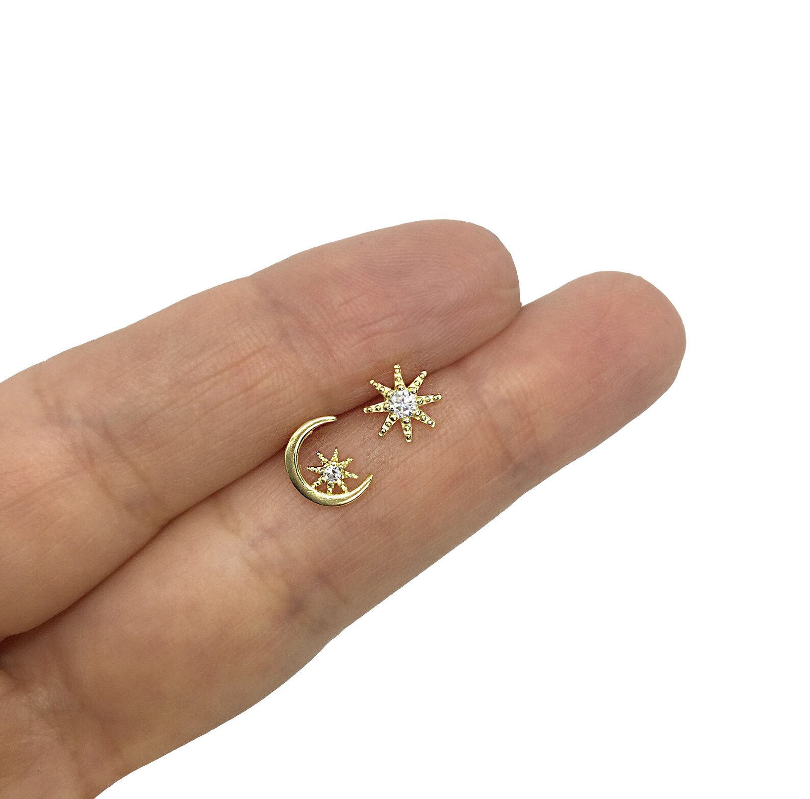 Sterling Silver Moon and Star Studs Moon and Star Earrings - Etsy