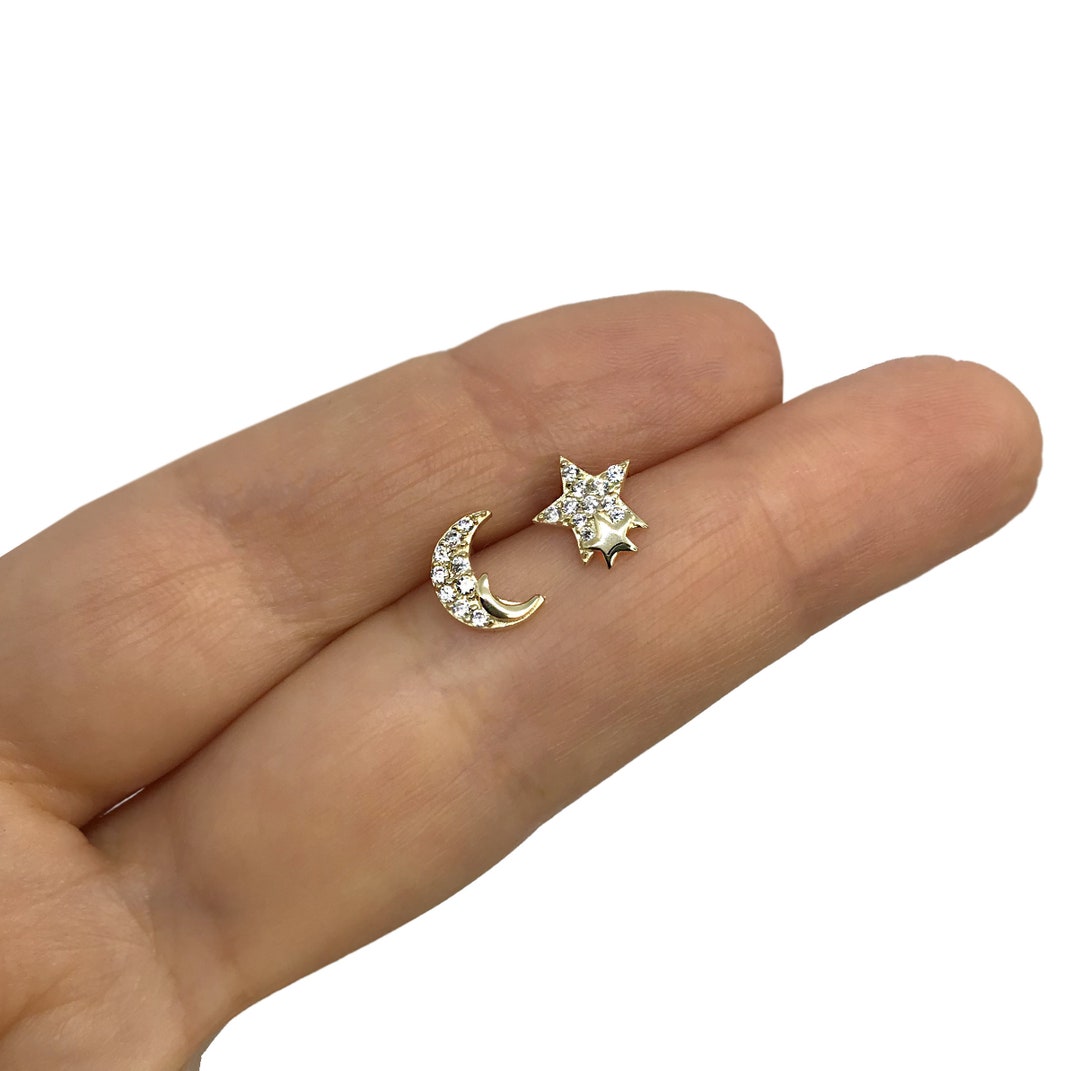 Sterling Silver Moon and Star Studs Moon and Star Earrings - Etsy