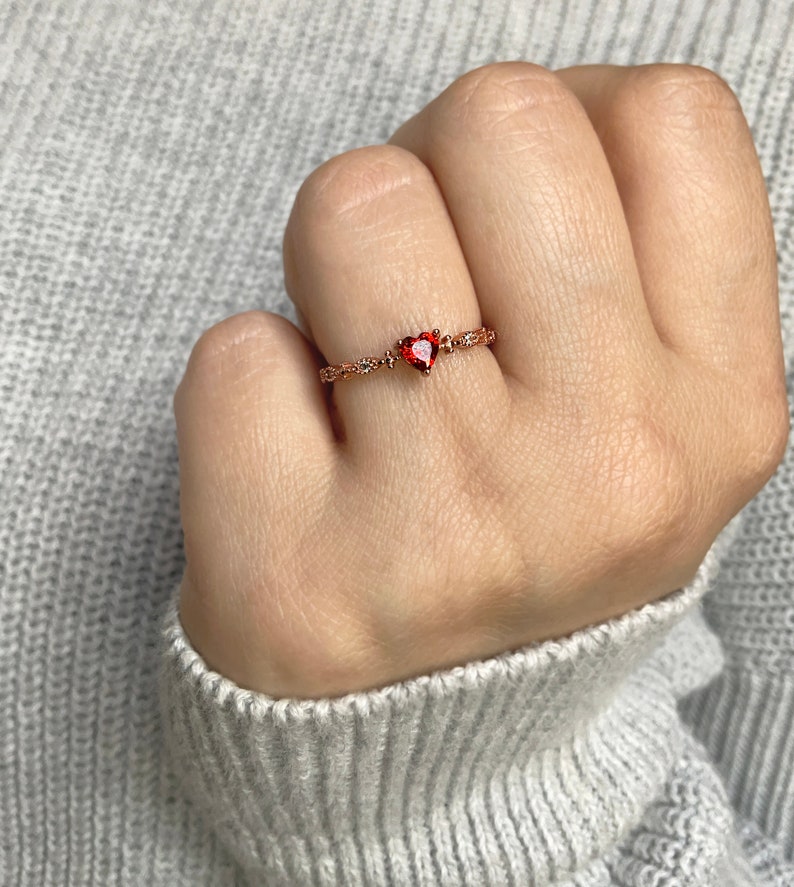 Red CZ Heart Ring Rose Gold Heart Ring Dainty Red Heart - Etsy