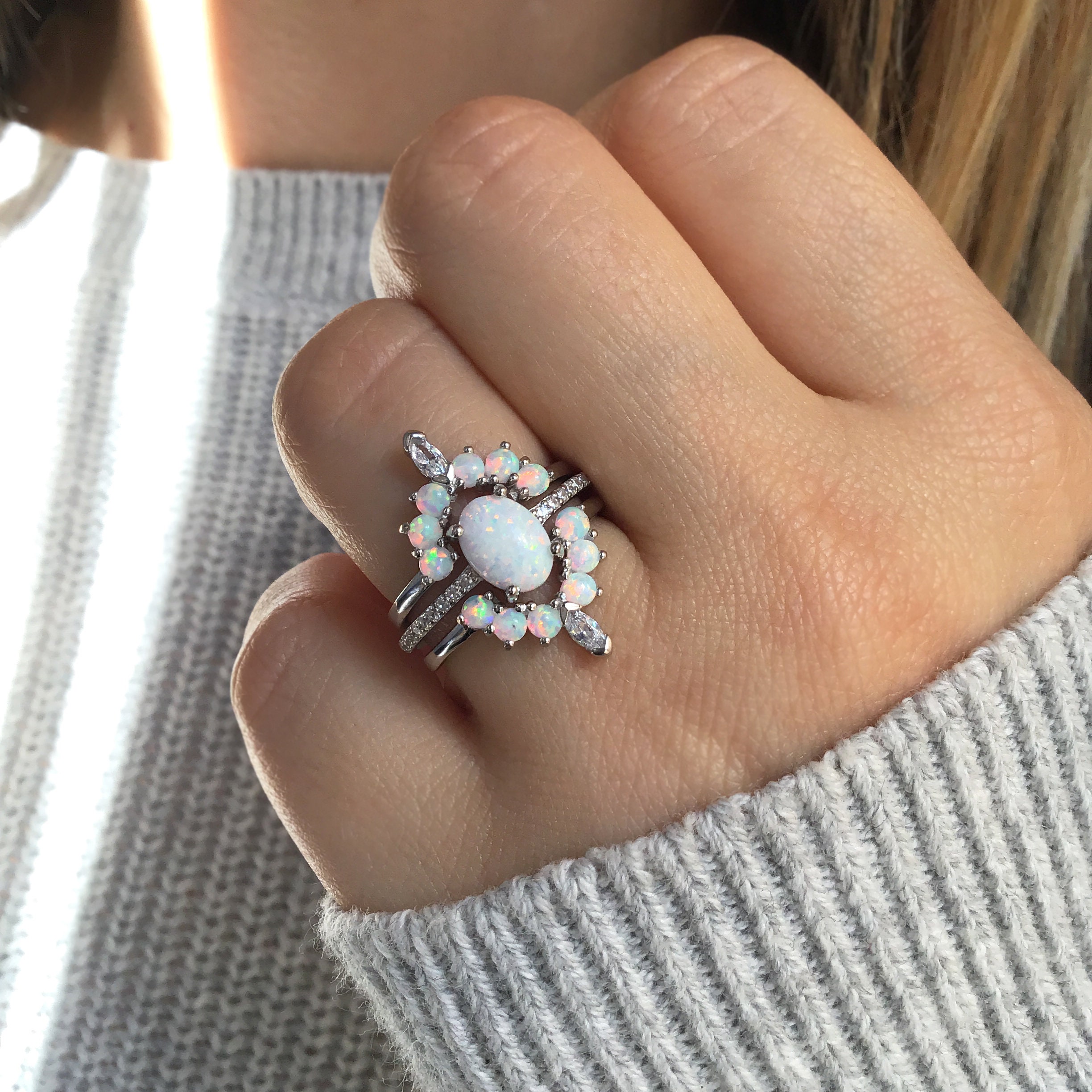 Set of 3 rings Opal rings Opal stackable rings White Opal | Etsy