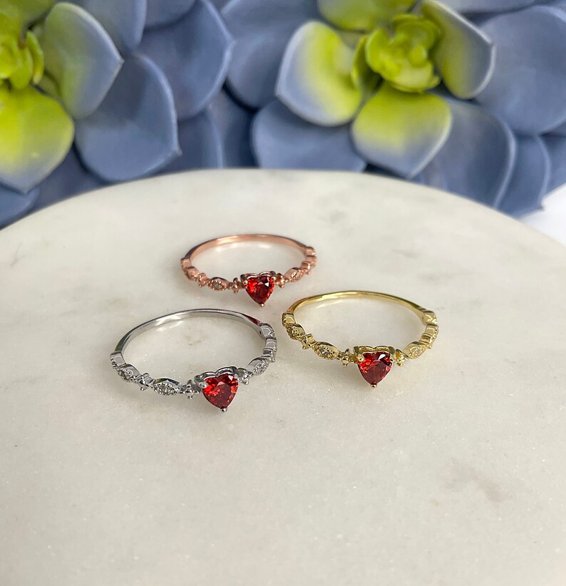 Red CZ Heart Ring Rose Gold Heart Ring Dainty Red Heart - Etsy