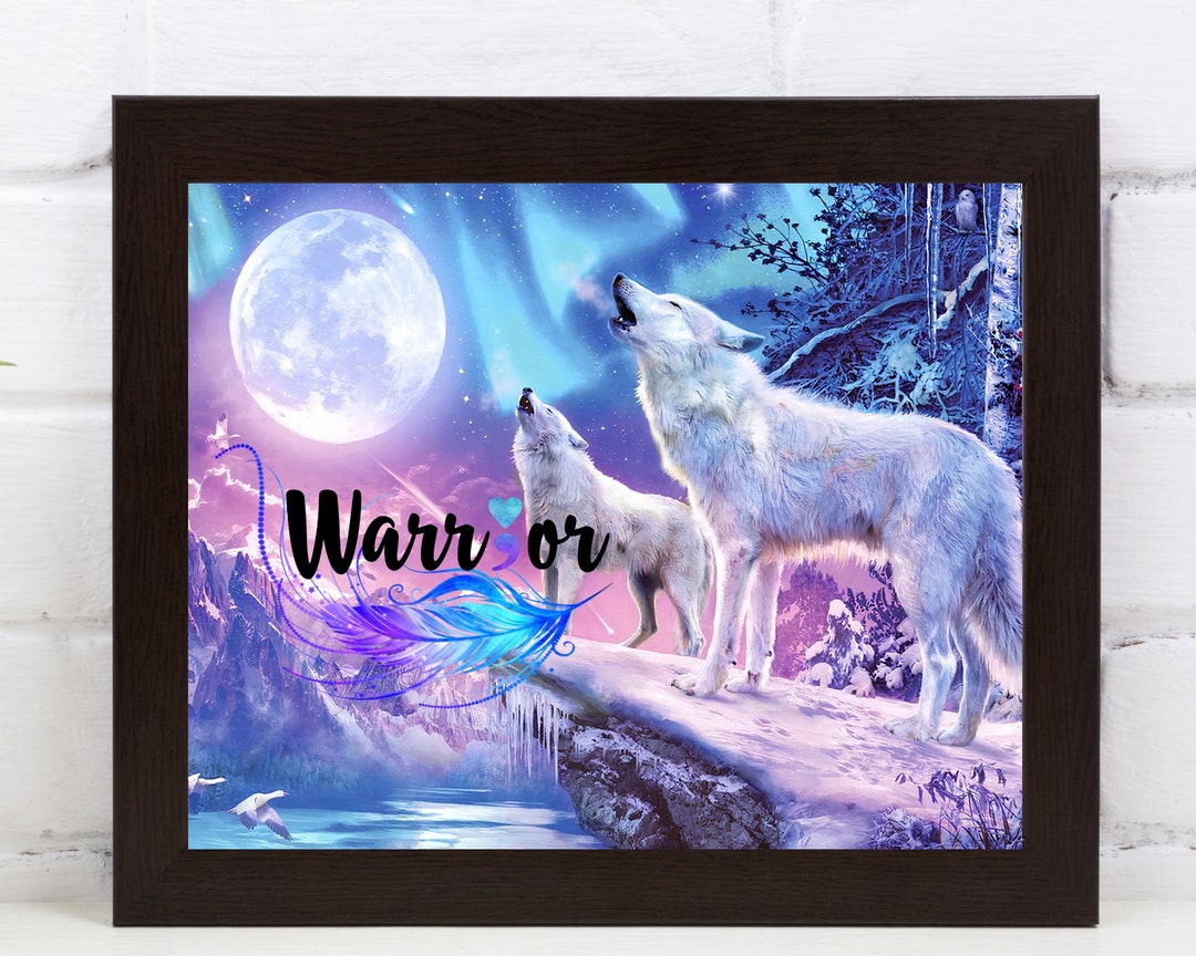 WARRIOR Howling Wolves Suicide Awareness Semi Colon Watercolor UNFRAMED ...