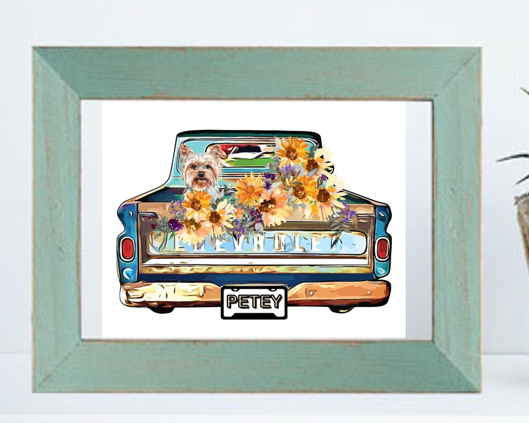 Yorkie in Vintage Chevy Truck PERSONALIZED Wall Art Print UNFRAMED Dog ...