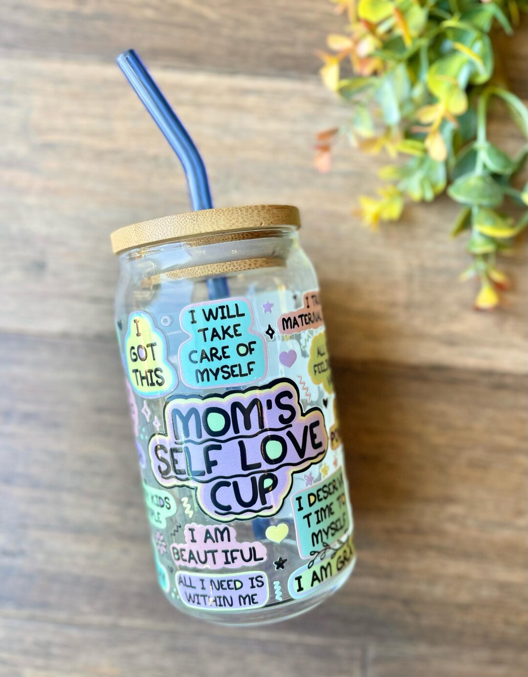 Mom's Self Love Cup, GLASS Iced Coffee Cup 16oz With Bamboo Lid and ...