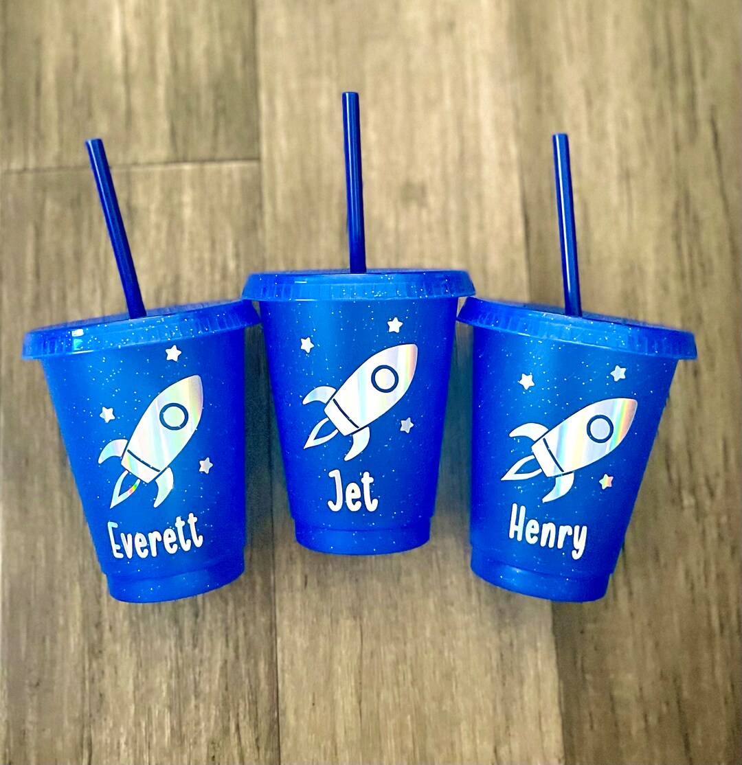 Personalized Rocket Ship Glitter 16 Oz Cold Cups, Party Favors Cups ...