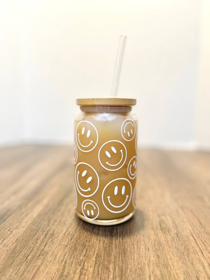 Smiley Face GLASS Iced Coffee Cup 16oz With Bamboo Lid and - Etsy