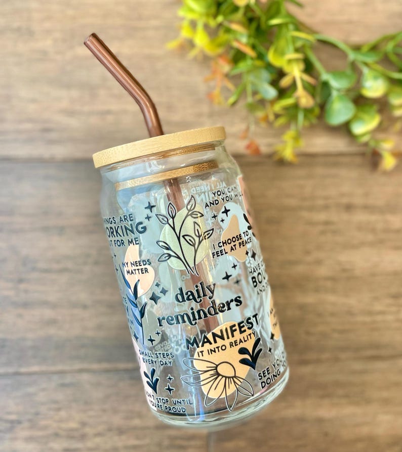 Daily Reminders Iced Coffee Cup: 16oz Glass With Bamboo Lid - Etsy