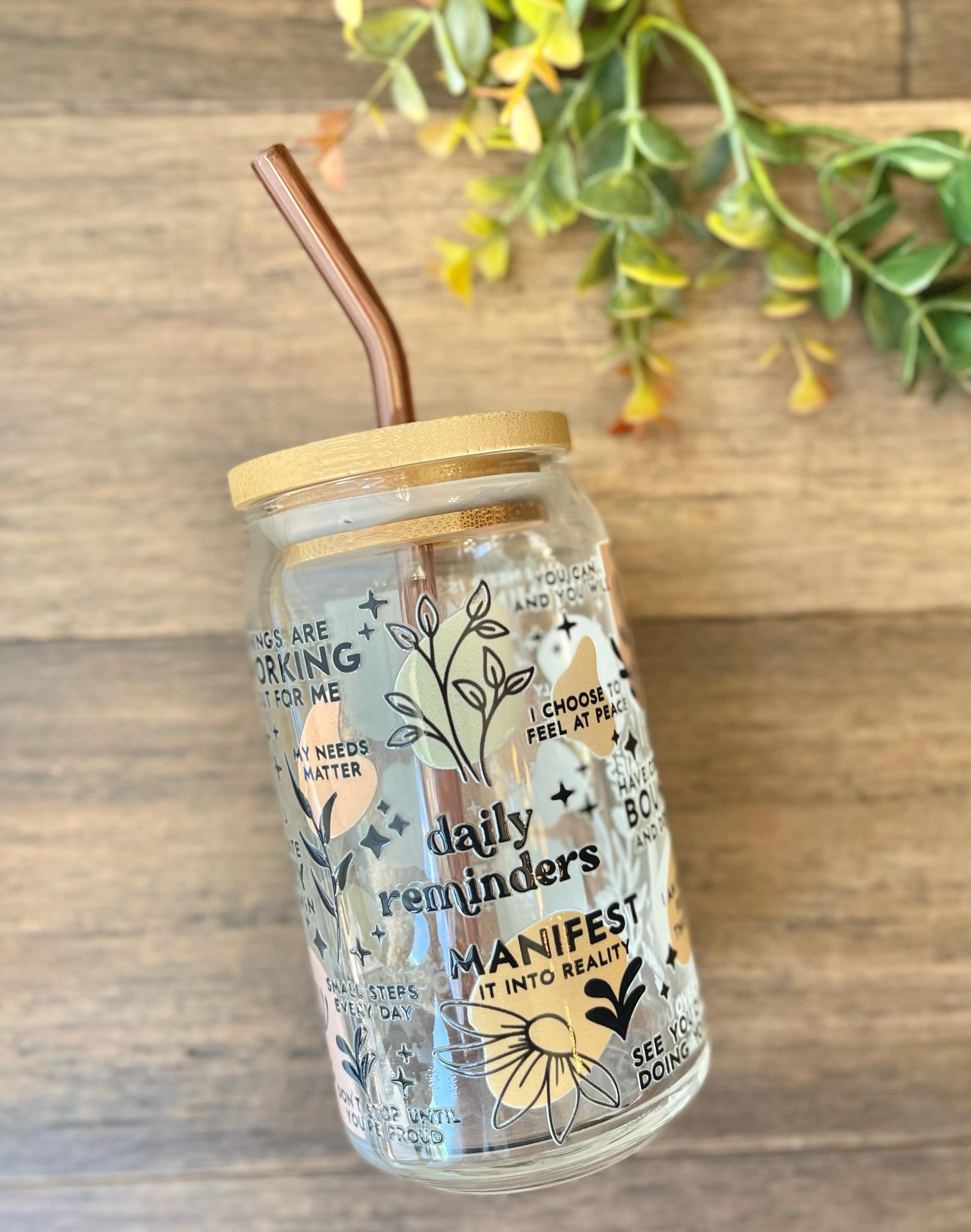 Daily Reminders Iced Coffee Cup: 16oz Glass With Bamboo Lid - Etsy