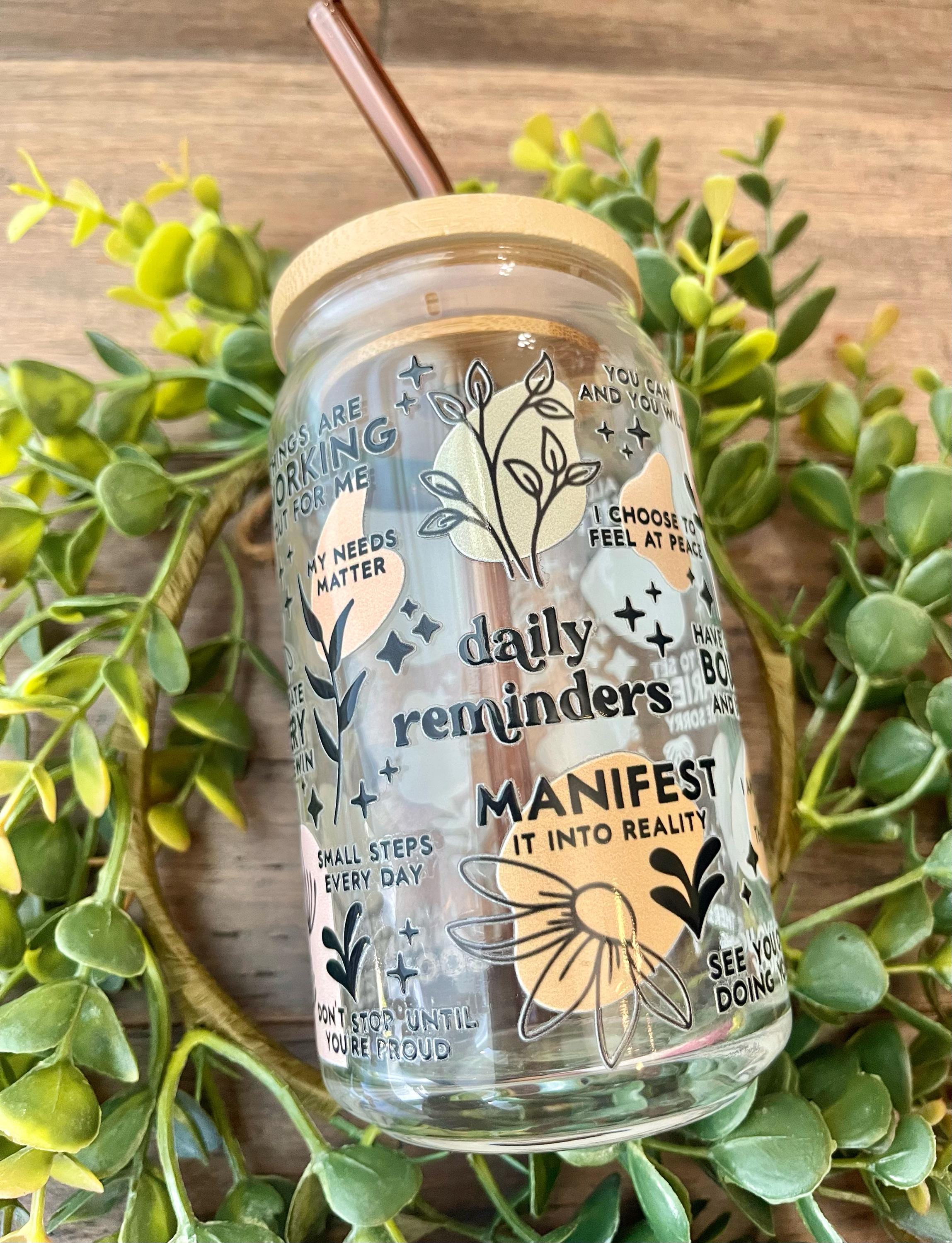 Daily Reminders Iced Coffee Cup: 16oz Glass With Bamboo Lid - Etsy