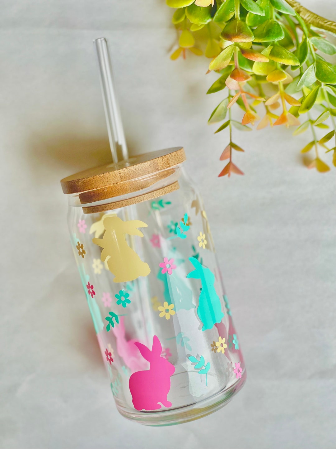 Easter Bunny Glass Iced Coffee Cup 16oz With Bamboo Lid and Glass Straw ...