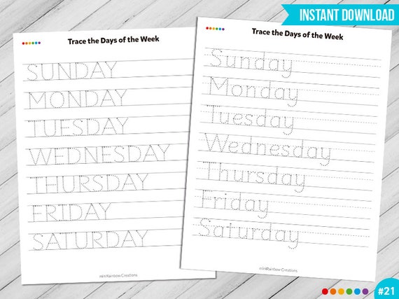 Trace the Days Printable Worksheet Writing Exercises | Etsy