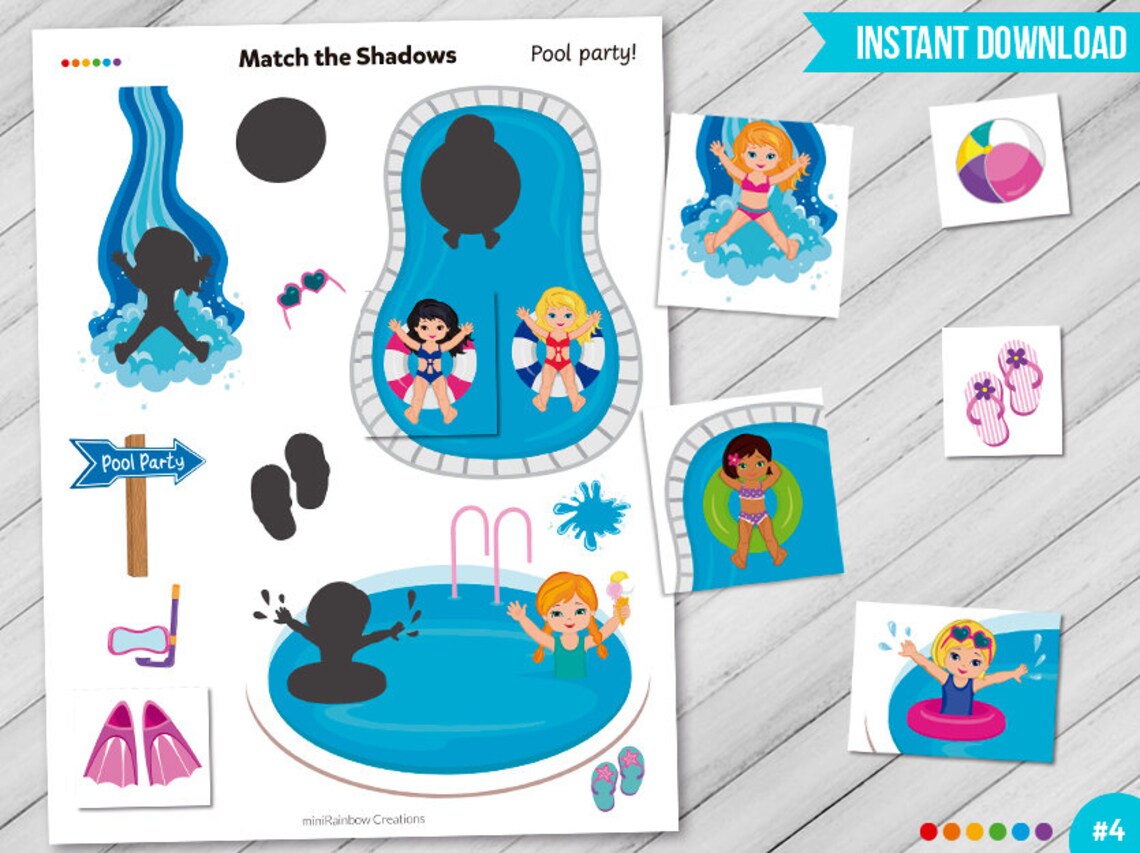 Match the Pool Party Pictures to Their Shadows Printable Game ...
