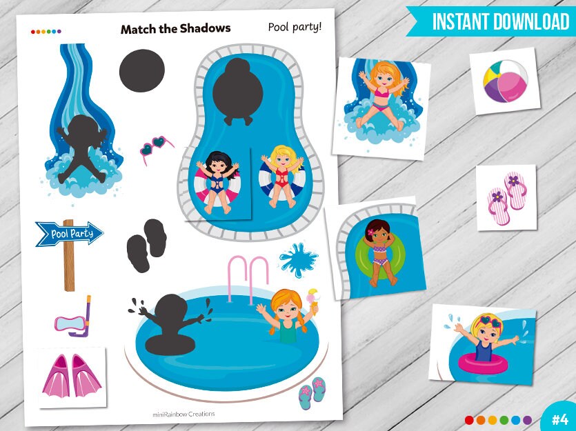 Match the Pool Party Pictures to Their Shadows Printable Game ...