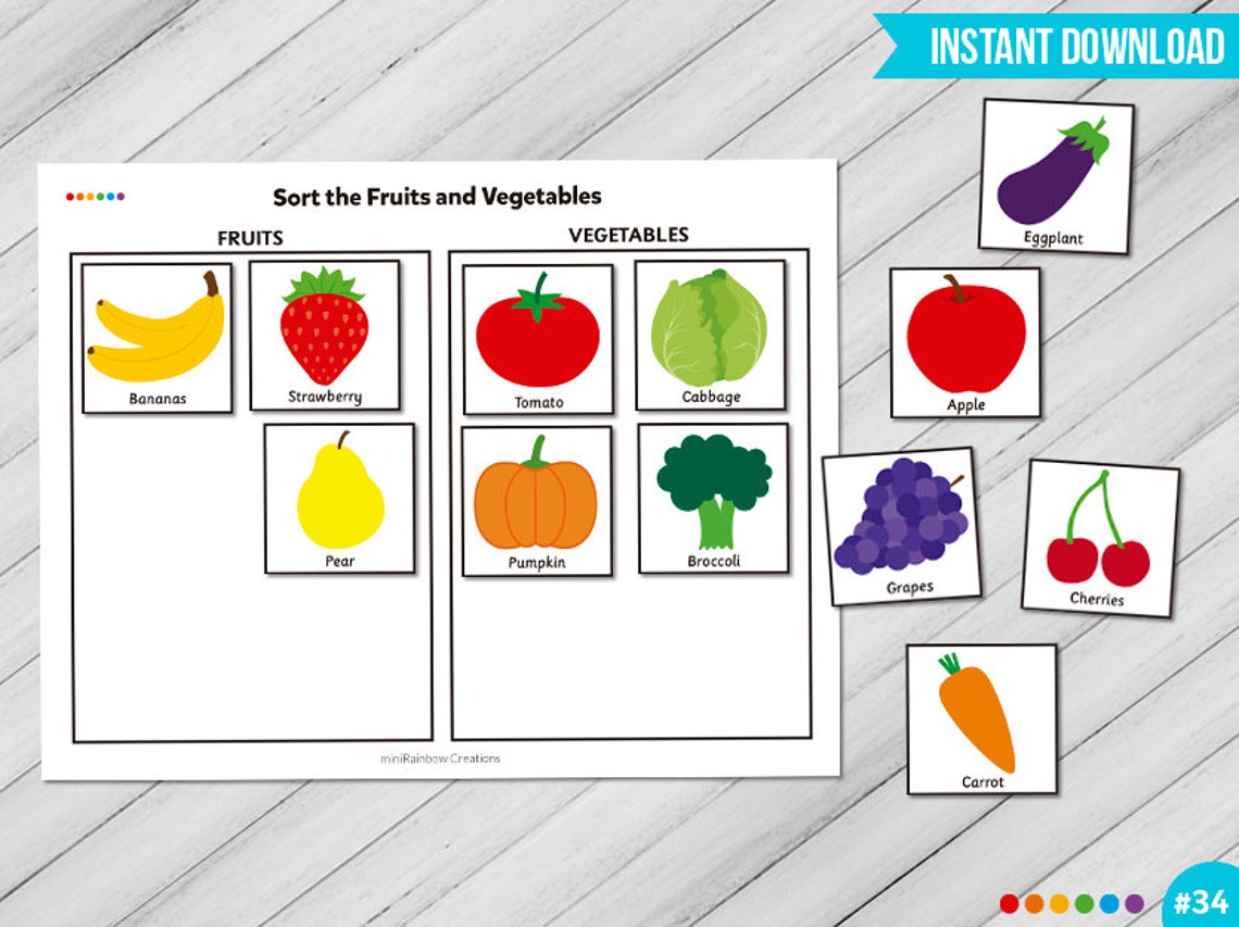 Sort the Fruits and Veggies Printable Worksheet, Homeschool Activities ...