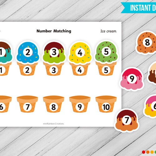 Number Matching Ice Creams Printable Worksheet Count to Ten - Etsy