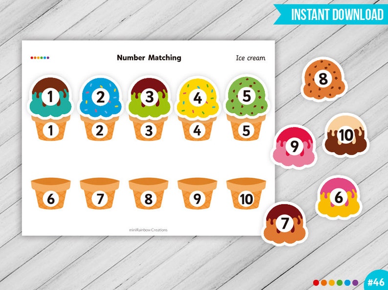 Number Matching Ice Creams Printable Worksheet, Count to Ten, Printable ...