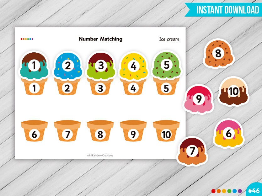 Number Matching Ice Creams Printable Worksheet, Count to Ten, Printable ...