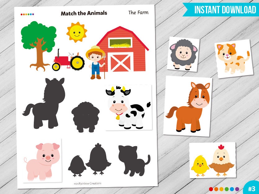 Match the Farm Pictures to Their Shadows Printable Game, Educational ...