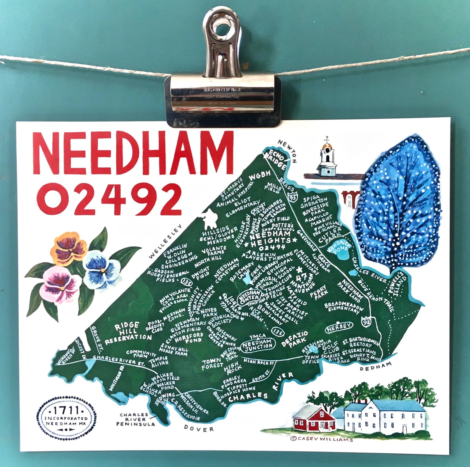 MAP ART / Art Print / Town Map Paintings / Needham, Massachusetts ...