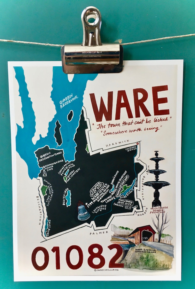 MAP ART / Art Print / Town Map Paintings / Ware, MA / 01087 - Etsy