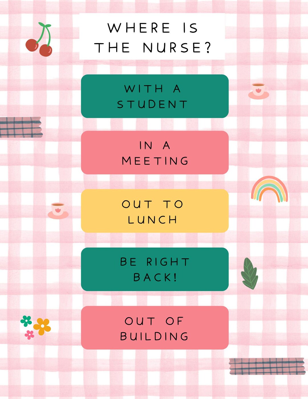 Cherries & Checkered Nurse Door Sign – Printable Clinic Decor (digital ...