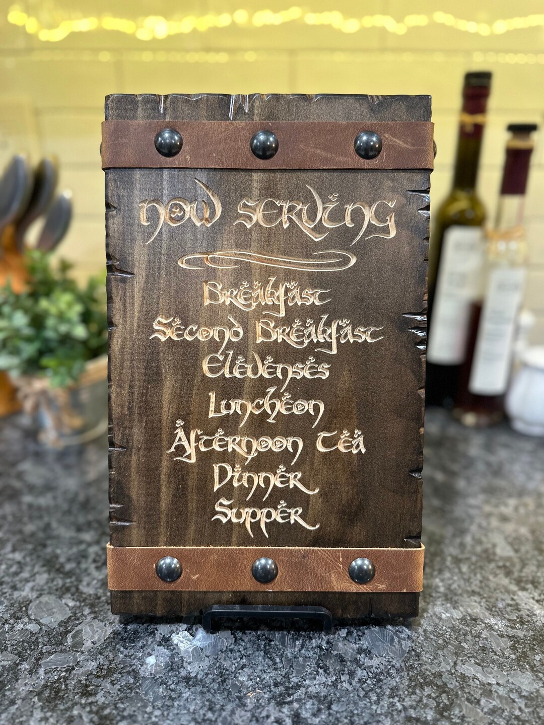 Engraved Rustic Wood Kitchen Menu Now Serving Sign With Leather Straps ...
