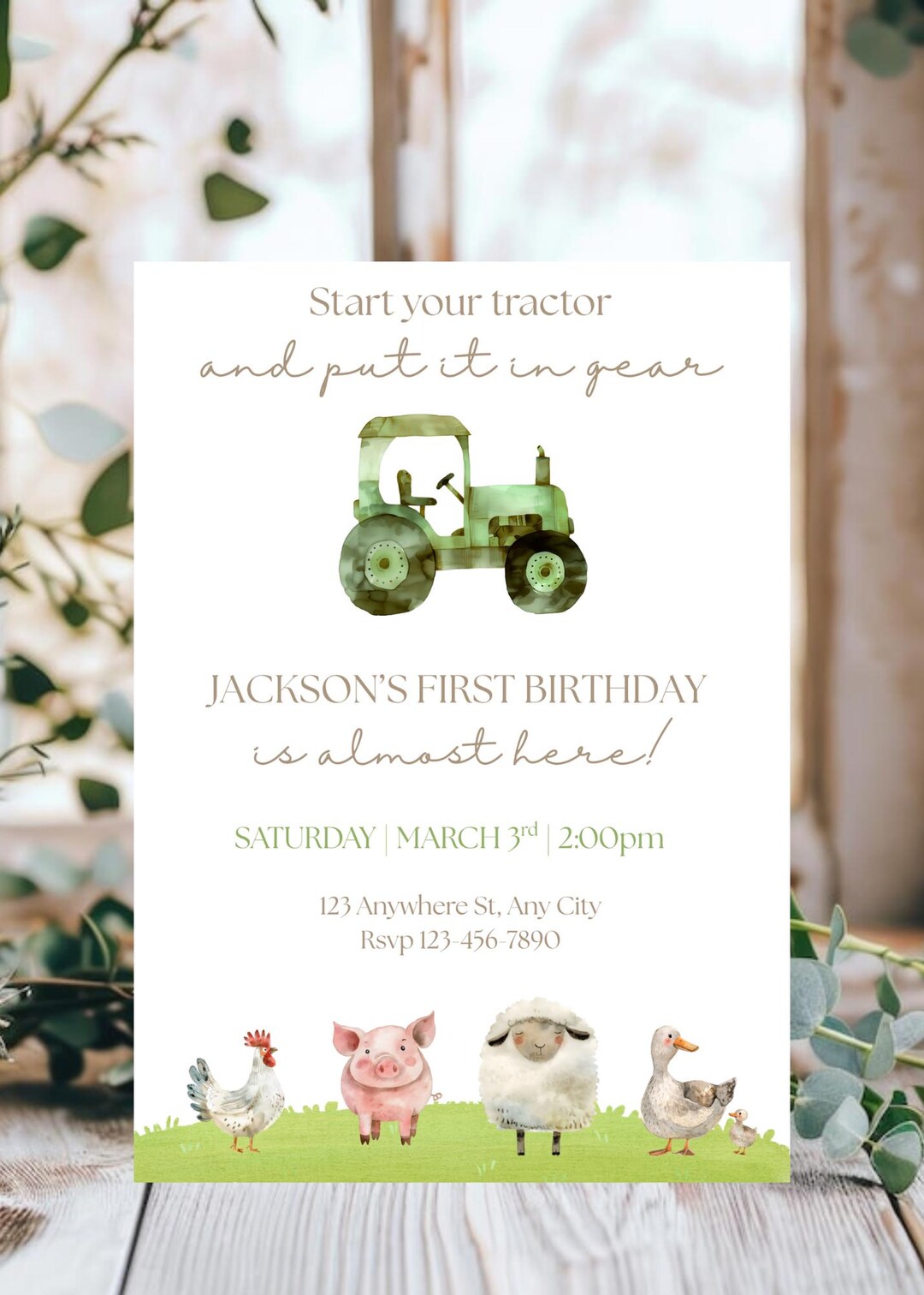 Tractor Birthday Invitation: Farm Party, Green Tractor, Editable Canva ...