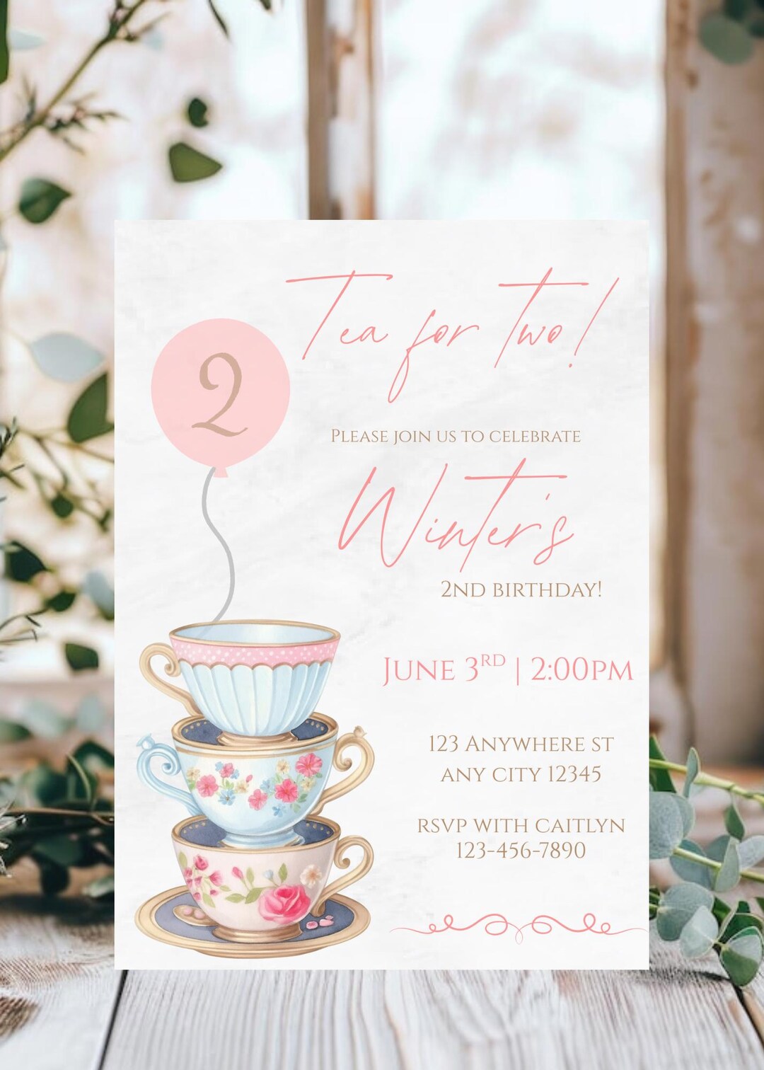 Tea Party Birthday Invitation: Watercolor Teacup Design (5x7 Digital ...