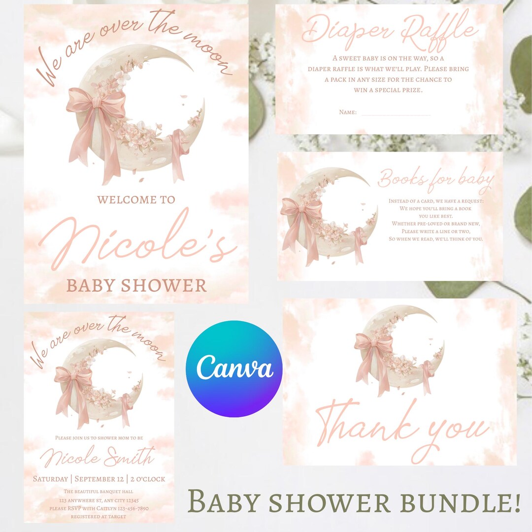 Over the Moon Baby Shower Bundle | Celestial Girl Theme (canva Editable ...