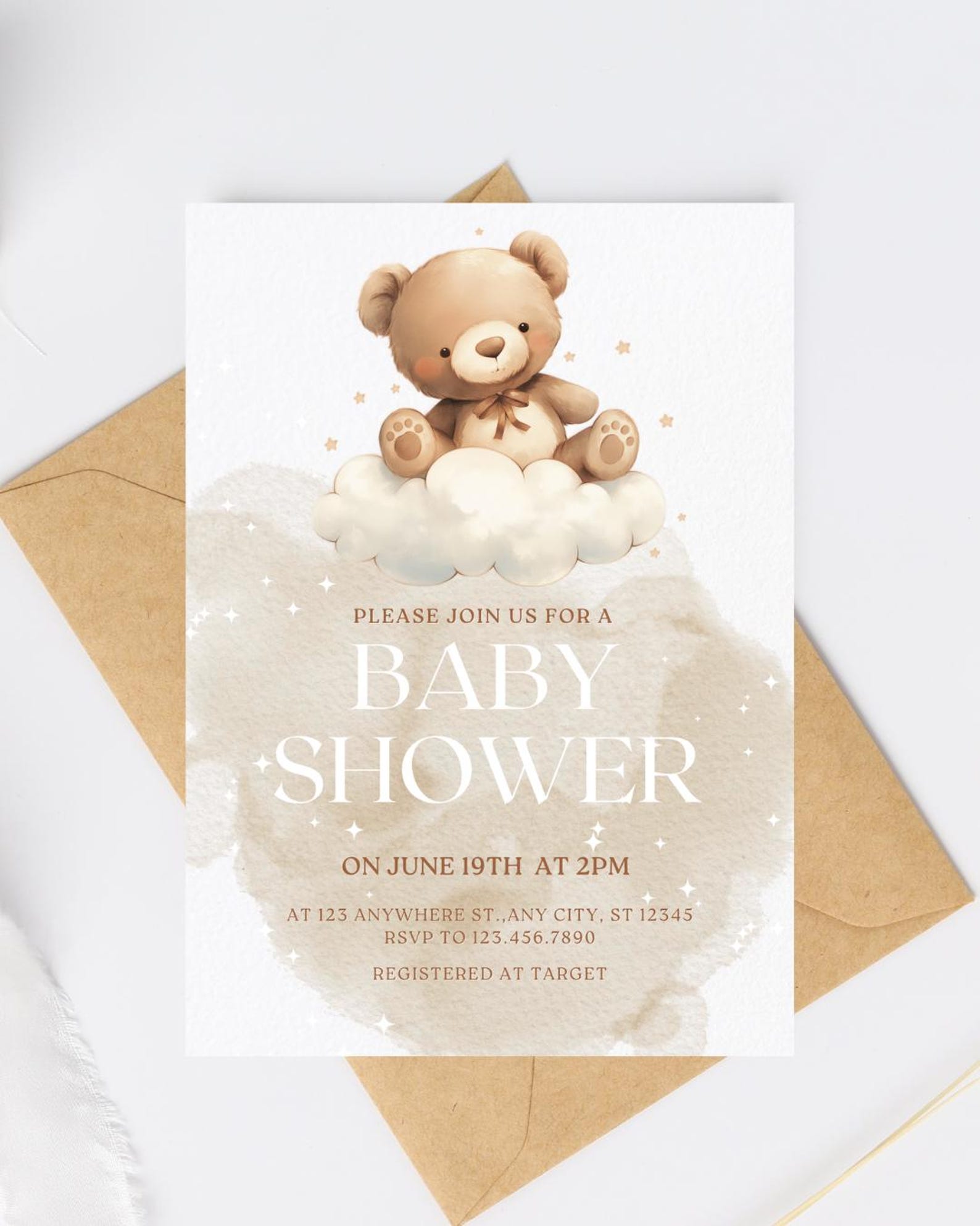 Teddy Bear Baby Shower Invitation: Neutral Canva Template (instant ...