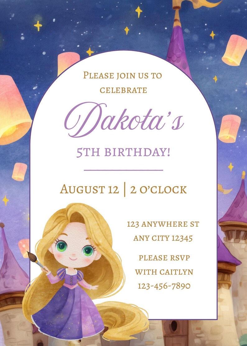 Rapunzel Birthday Invitation: Tangled Princess Party, Editable Canva ...