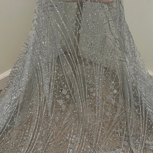Silver White Rhinestones Glitter Lace Mesh Fabric 48” Width Sold by the ...