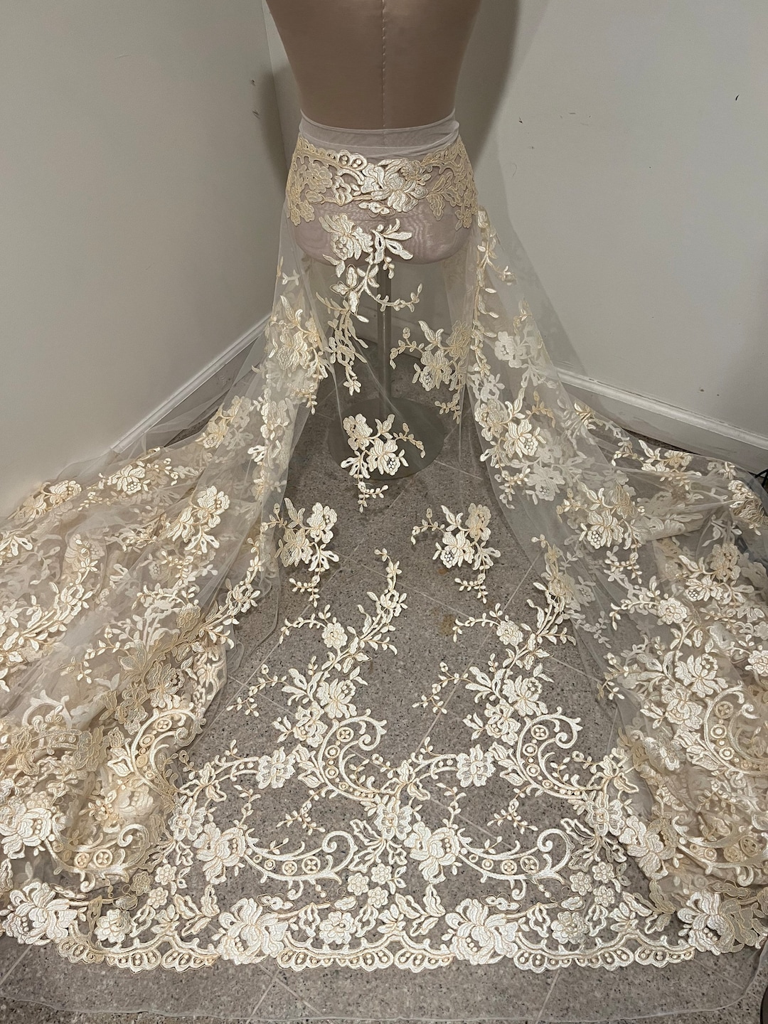 Ivory Gold Corded Border Embroidered Bridal Lace Mesh Fabric 50” Width ...