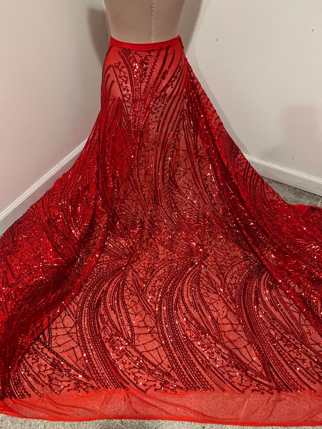 Red 4way Stretch Sequins Lace Mesh Fabric 50” Width Sold by the Yard - Etsy