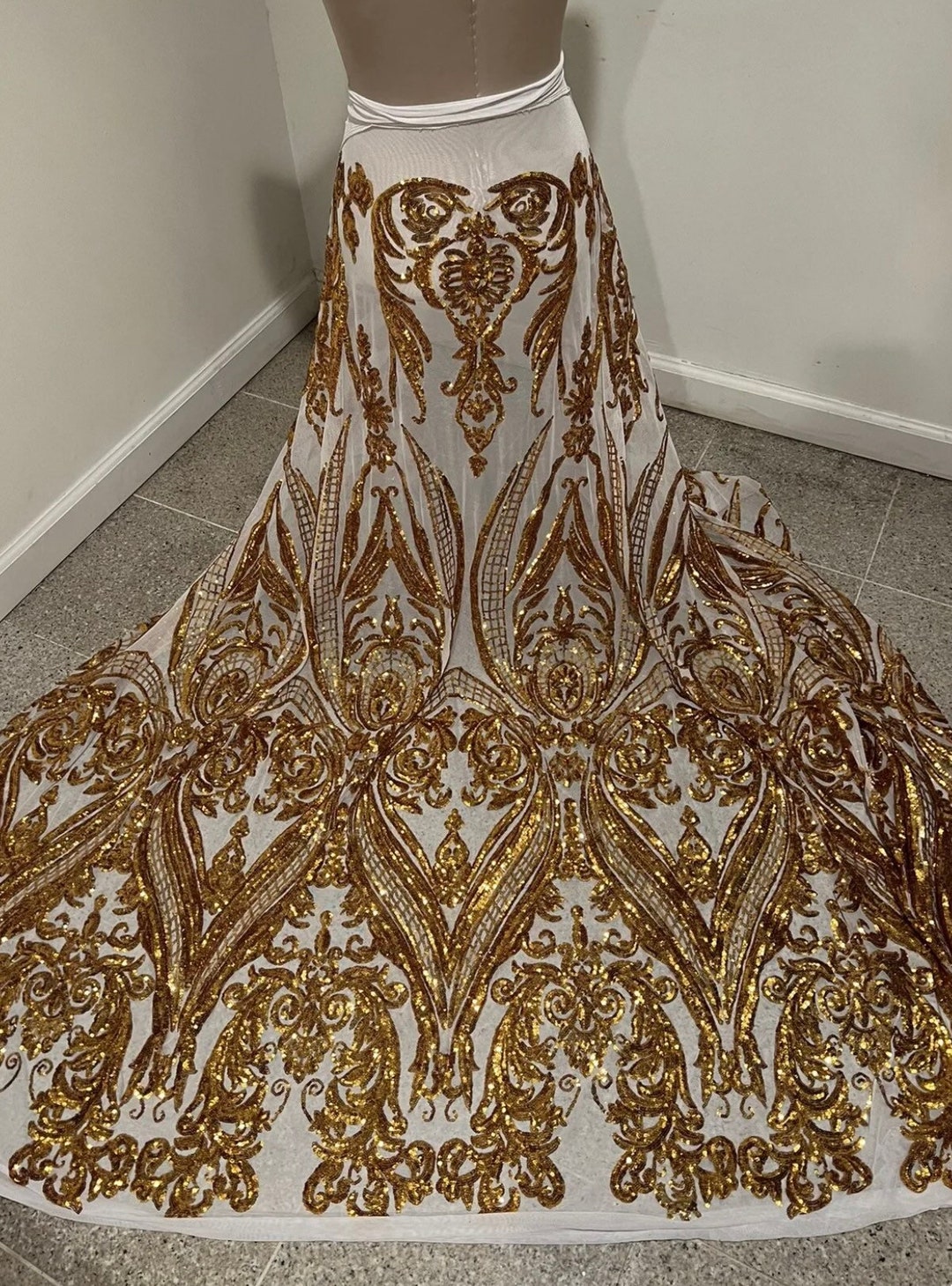 Gold White 4way Stretch Embroidery Sequins Lace Fabric 50” Width Sold ...
