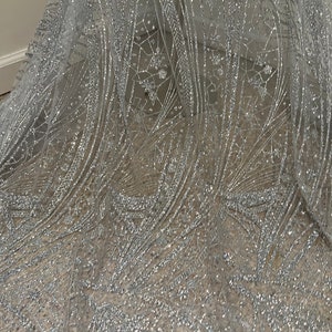 Silver White Rhinestones Glitter Lace Mesh Fabric 48” Width Sold by the ...