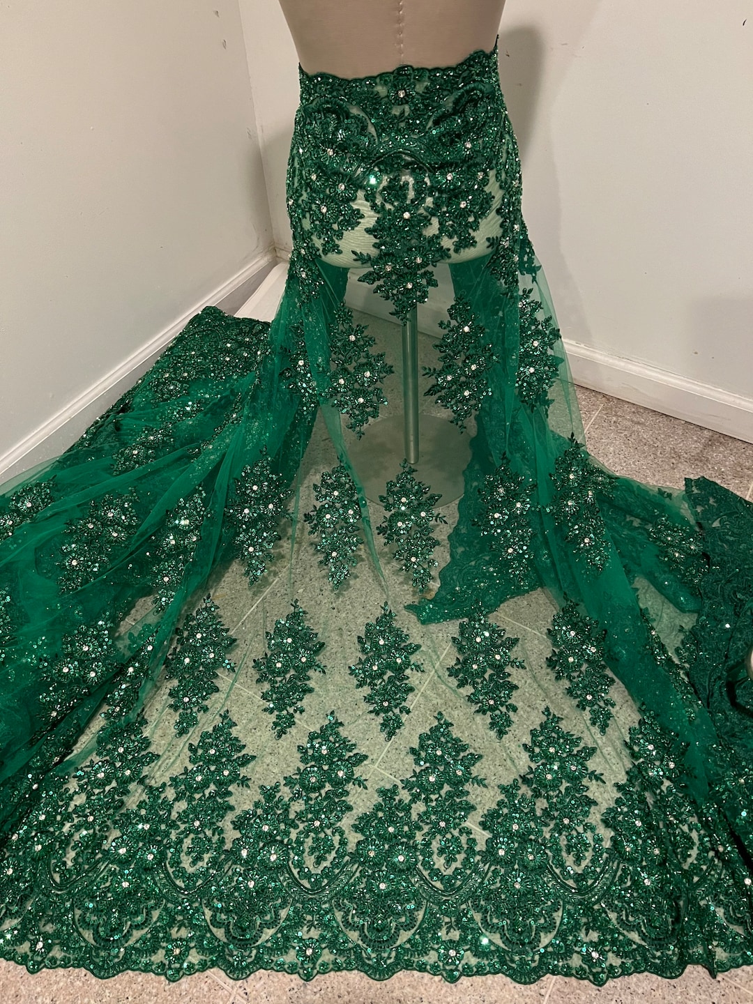 Kelly Green Heavy Beaded Sequins Rhinestones Embroidery Bridal Lace ...