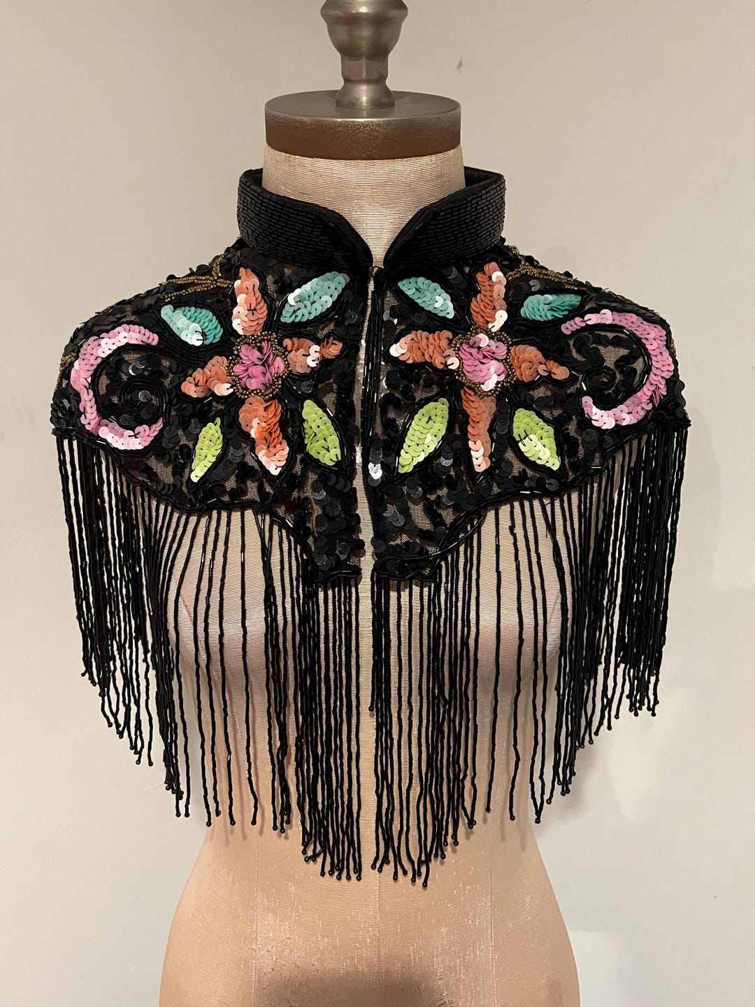 Black Pink Green Blue Sequin Fringe Collar: Beaded Embroidery Applique ...