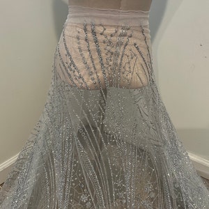 Silver White Rhinestones Glitter Lace Mesh Fabric 48” Width Sold by the ...