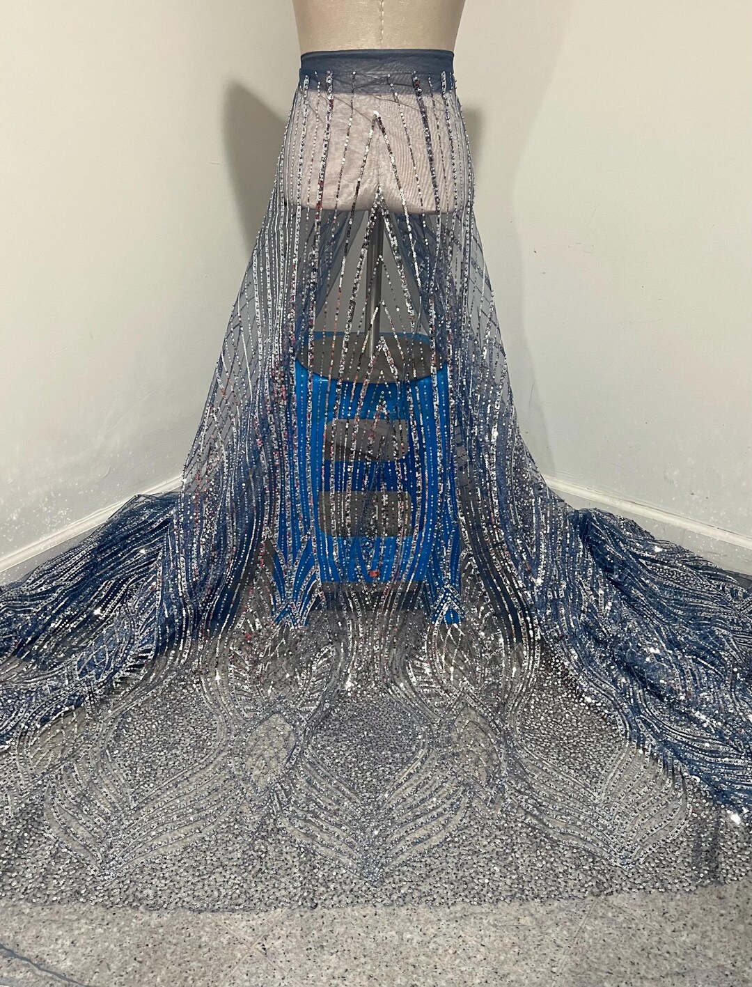 Periwinkle Blue Silver Heavy Beaded Sequins Embroidery Bridal Lace ...