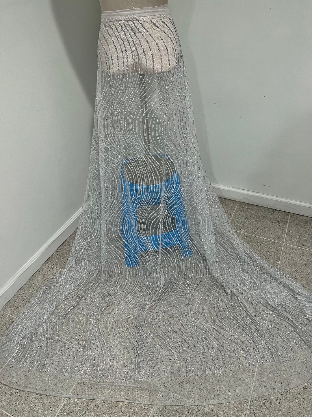 Silver White Wave Rhinestones Glitter Lace Mesh Fabric 48” Width Sold ...