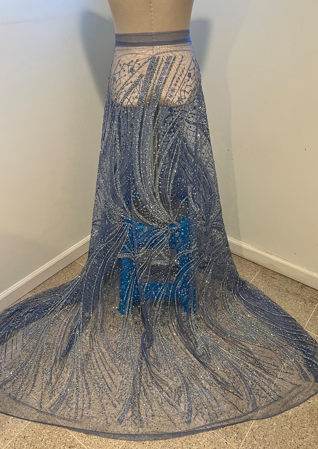 Periwinkle Blue Silver Rhinestones Glitter Lace Mesh Fabric 48” Width ...